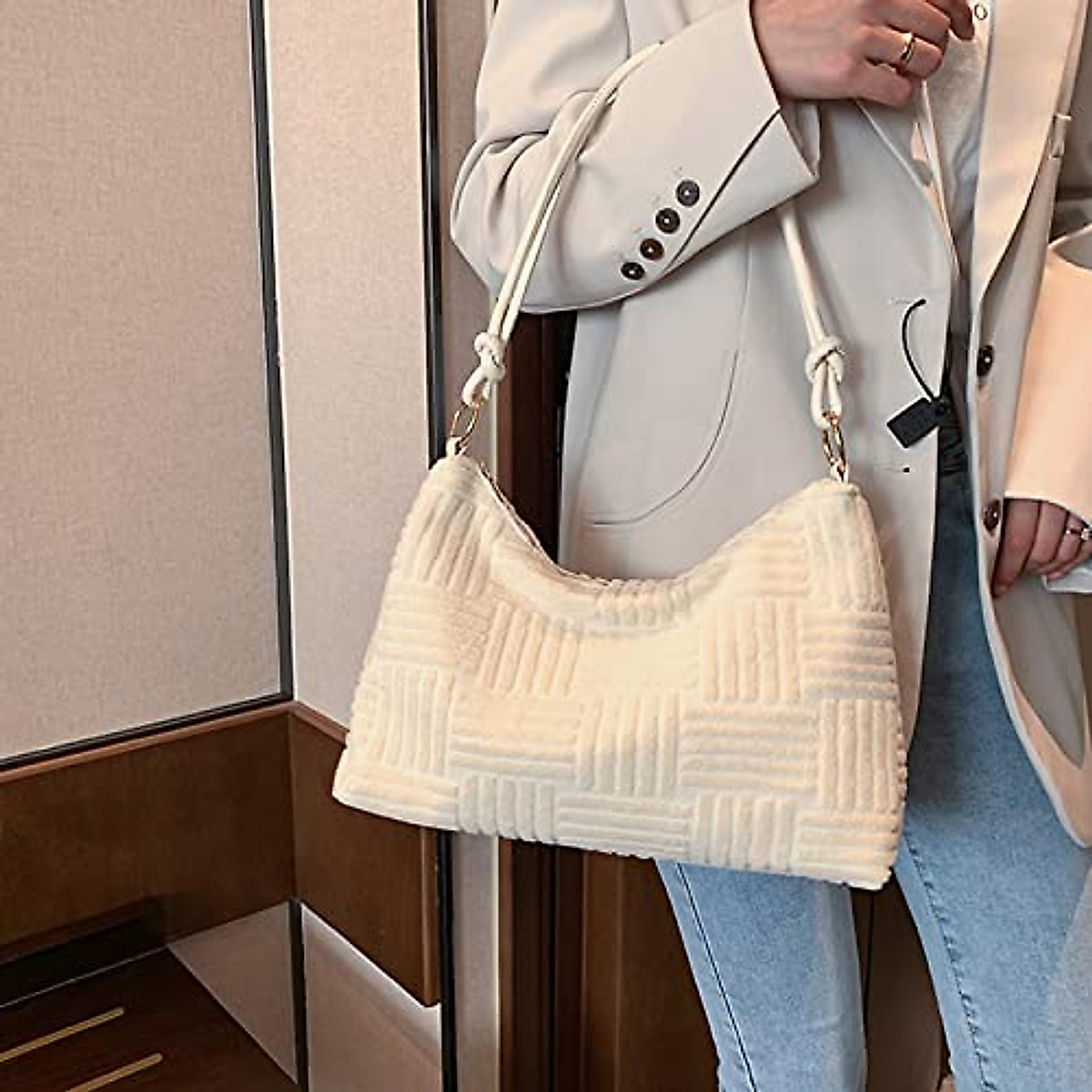 Women’s Classic moon shape clutch shoulder bag bubbled fabric Hobo handbag with zipper closure (velvet pile White)