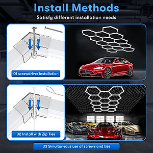 Hexagon Garage Lights: 6500K Cool White 14 Grid Hex Garage Light, 57 Packs LED Light, Super Bright Honeycomb Hexagon Ceiling Llight for Car Detailing Garage Workshop Basement Gym Barber