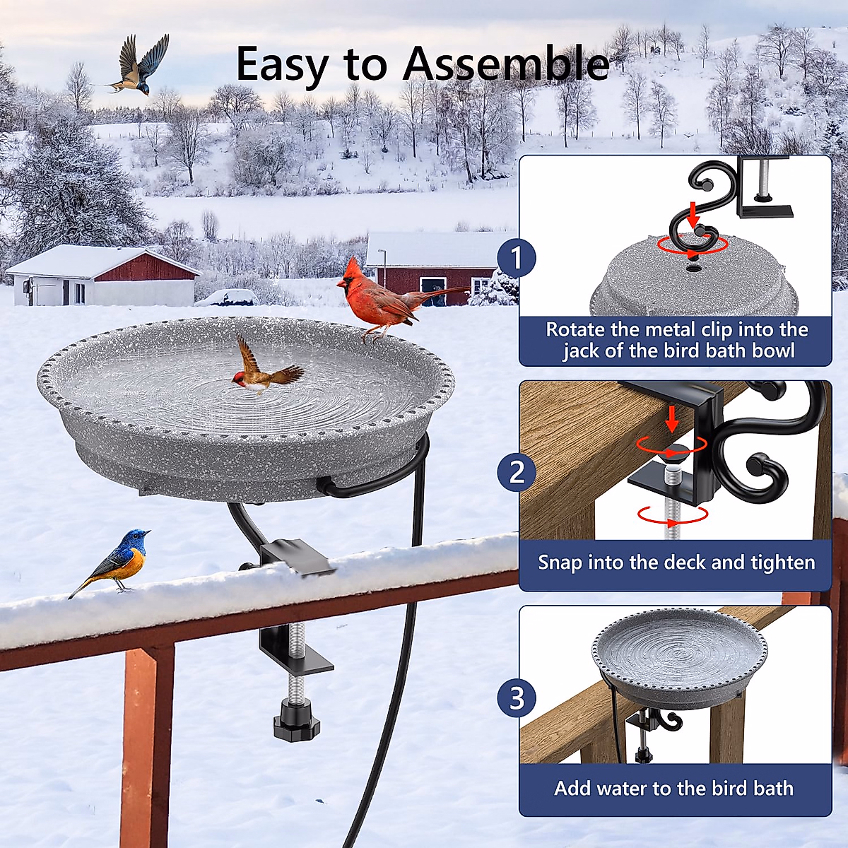 Sunvigor Heated Bird Bath for Outdoors, Deck Mounted 75W Bird Bath Deicer Bird Feeder with Thermostatically Controlled, Bird Bath Bowl for Winter Garden Yard Patio Lawn, with 3.6 Feet Electric Cord