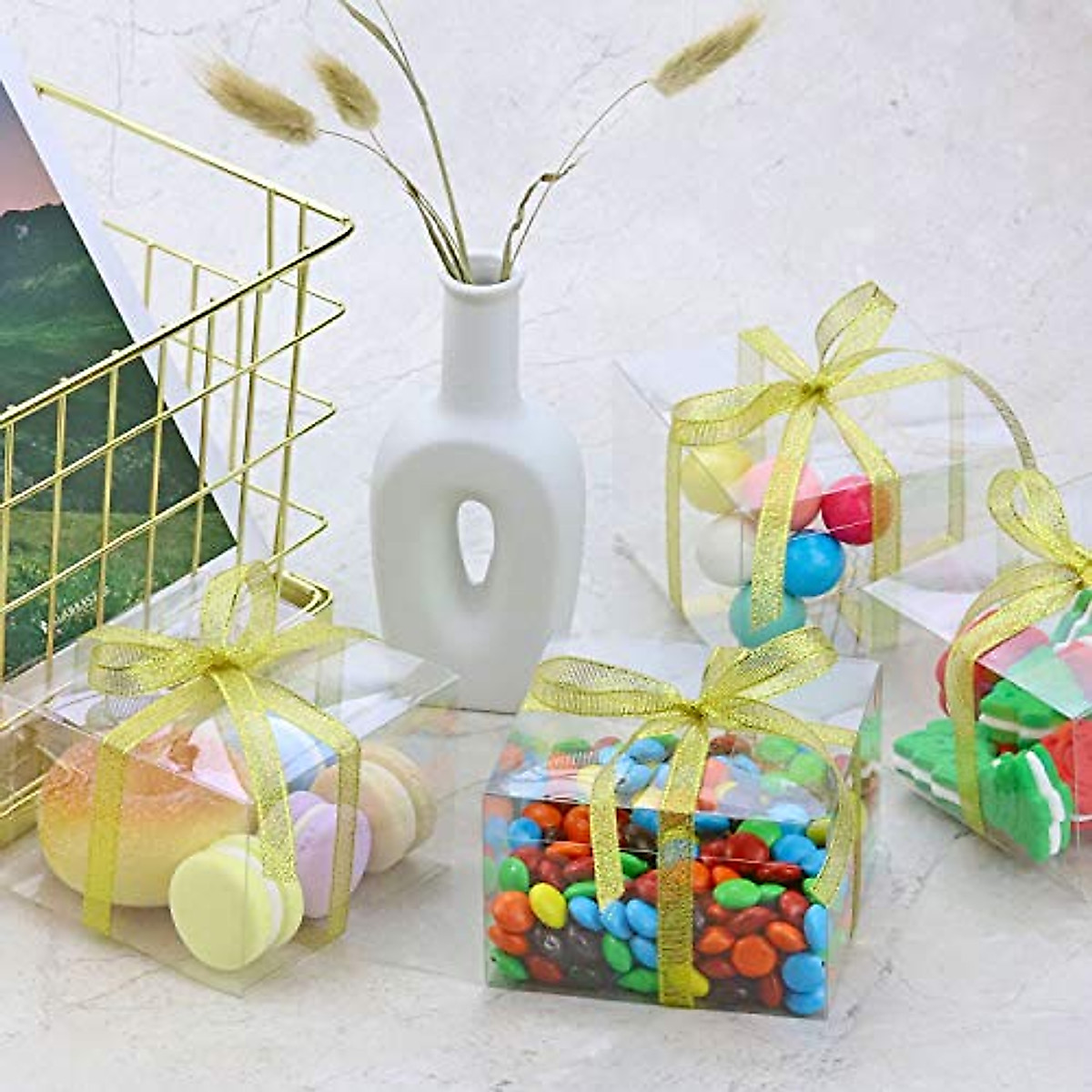 LEMEOSO 30Pcs Clear Favor Boxes 4 x 4 x 2.5 Inch Transparent Plastic Boxes for Packaging Party Favors Treats Candy Macaron Strawberries