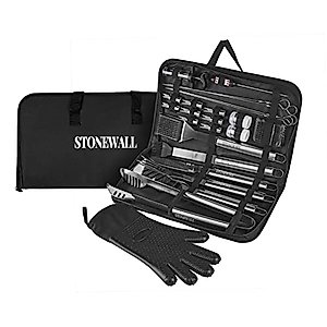 Stonewall Barbecue Grill Tool Set - Stainless Steel - Strong Durable Design - Heat Resistant Glove & Utensils - Thermometer, Meat Injector, Kebabs, & Corn Skewers - Perfect for Smokers & Grills