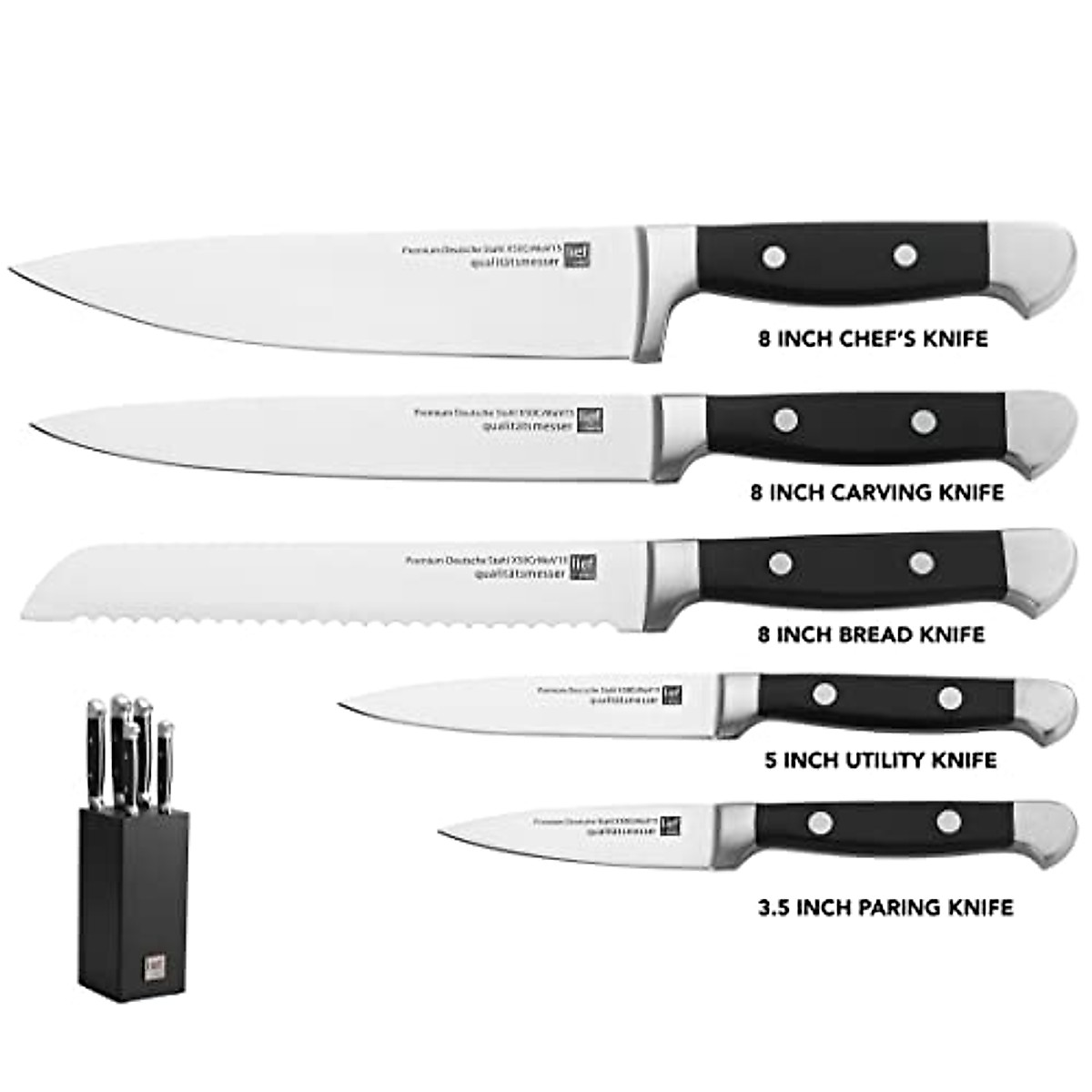 LIEF+SVEIN Brand German Steel Knife Block Set, 5-Piece Kitchen Knife Set with block. German Stainless 1.4116 Steel. Unique Kitchen Knives. Ideal Modern Décor Black knife sets with block.