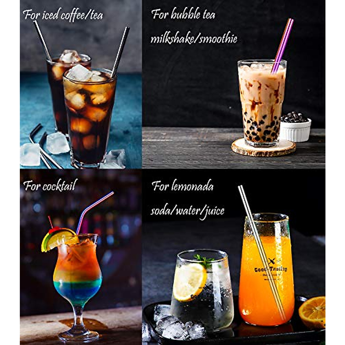 POLIGO 16pcs Reusable Stainless Steel Straws, Colorful Rainbow Drinking Straws, Iridescent Metal Straws with Portable Case and Cleaning Brushes for 20, 30 Oz Yeti Tumbler, Smoothies and Bubble Tea