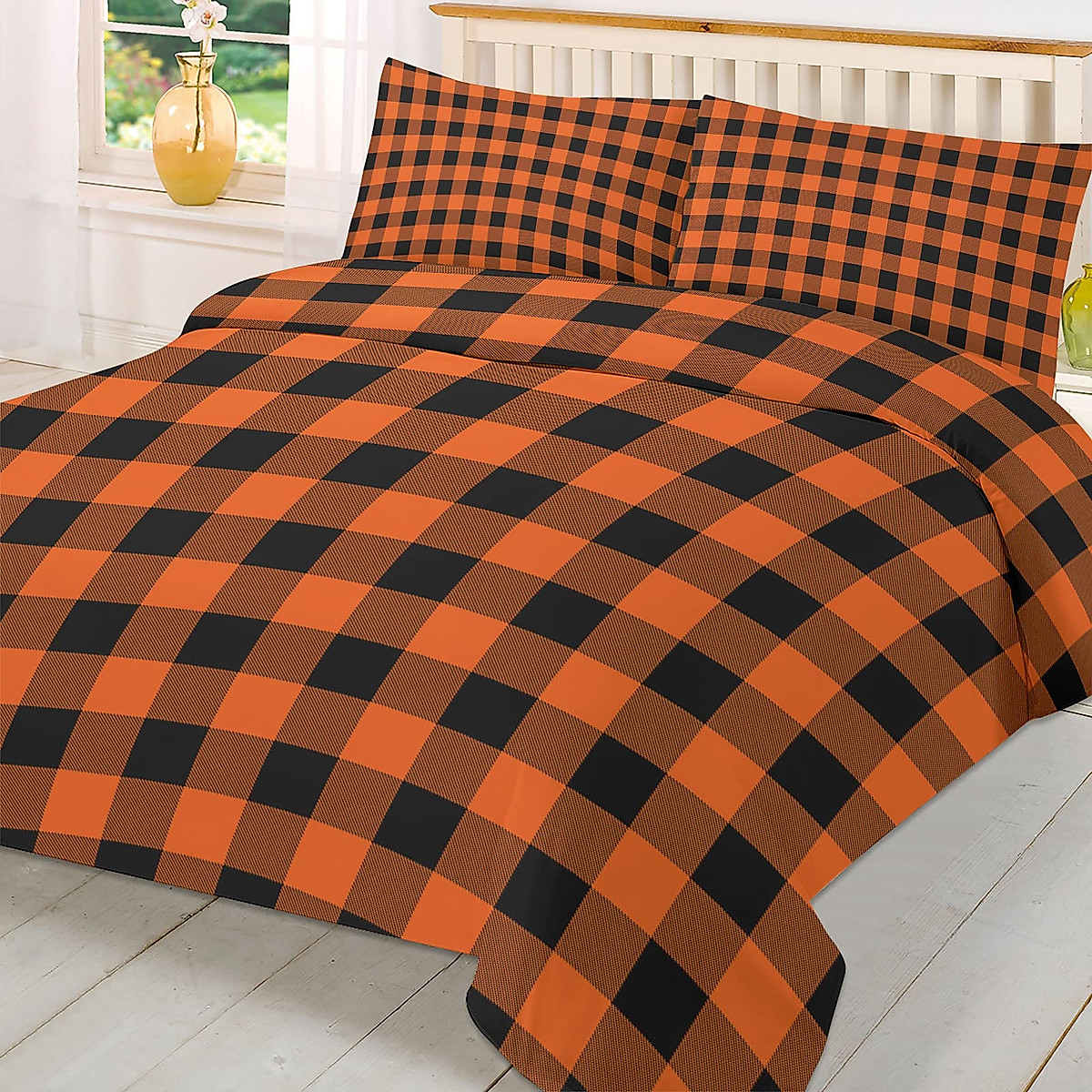 Orange Black Plaid Duvet Cover Sets Farmhouse Buffalo Check Bedding Sets 3 Pcs Soft Comforter Cover Set Including 1 Quilt Cover 2 Pillow Cases, Full Size Comforter Cover Set with Zipper Closure