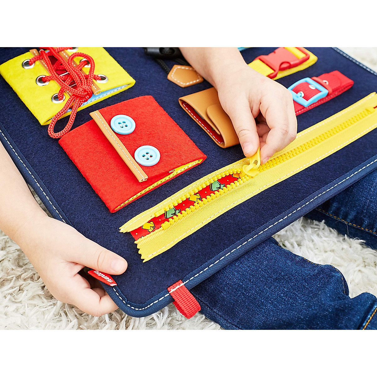 Toddler Busy Board - Montessori Fine Motor Skills Toy - Zipper Buckle Button Shoe Tying Practice Board - Sensory Activity Busy Board for Toddlers - Soft Felt Travel Learning Toys for Kids Ages 3 4 5