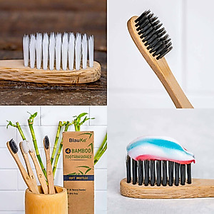 BlauKe Bamboo Toothbrushes Soft Bristles 4-Pack – Biodegradable, Sustainable, Natural, Eco-Friendly – Black Charcoal Wooden Toothbrushes