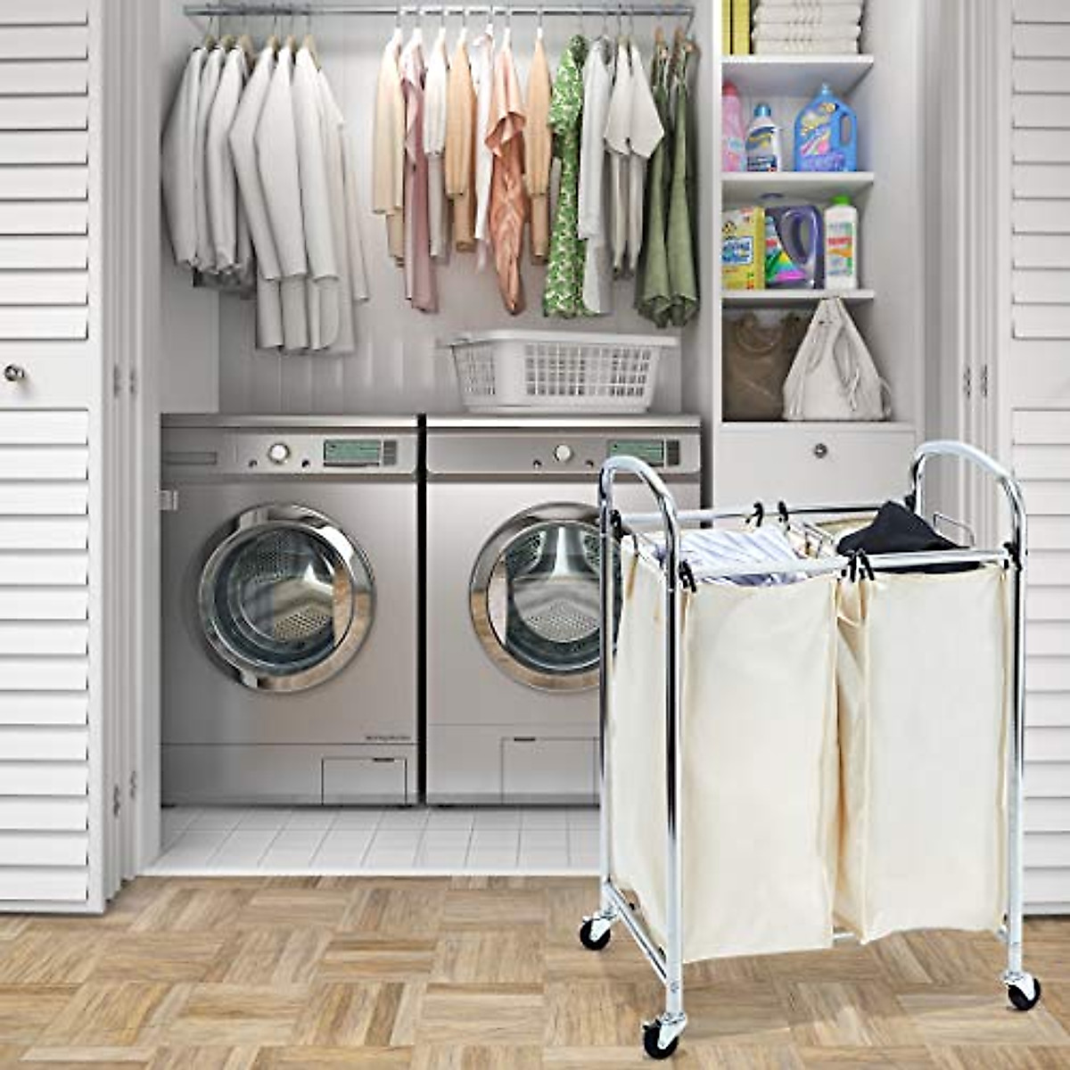 Seville Classics Laundry Hamper Sorter Cart Mobile Premium 2-Bag Compact, Canvas