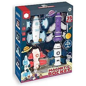 Liberty Imports 33PCS Magnetic Rocket Ship Building Set, Stacking Blocks Model Toy for Kids, DIY Construction Learning Space Mix, and Stem Magnets Activity Set Puzzle Playset