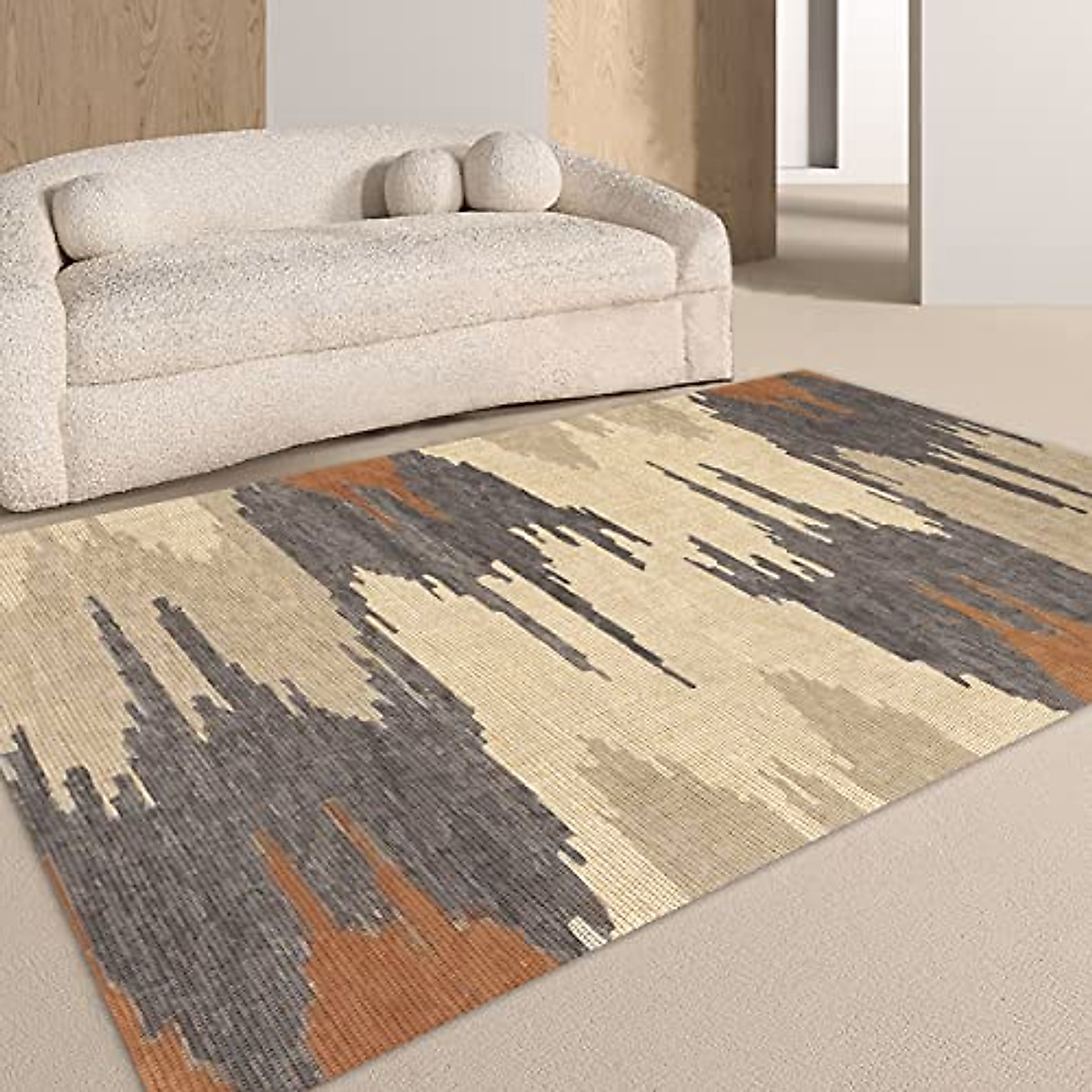 FINOREN Minimalist Area Rug,Ripple Line Soft Non-Slip Rug for Bedroom Living Room Hallway Home Entrance,Washable Low Pile Floor Decor,Child Pet Friendly,Beige Gray,4x6 Feet