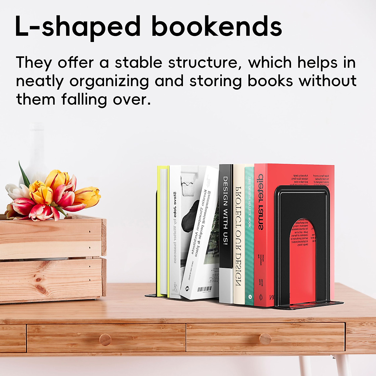 Bookends, Bookend Supports Heavy Duty Metal Bookend Support, Book Ends Supports for Shelves Decor Home Office School (1 Pair/2 Pieces, Black)