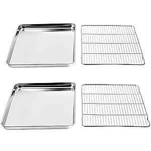 Wildone Baking Sheet & Rack Set [2 Sheets + 2 Racks], Stainless Steel Cookie Pan with Cooling Rack, Size 16 x 12 x 1 Inch, Non Toxic & Heavy Duty & Easy Clean
