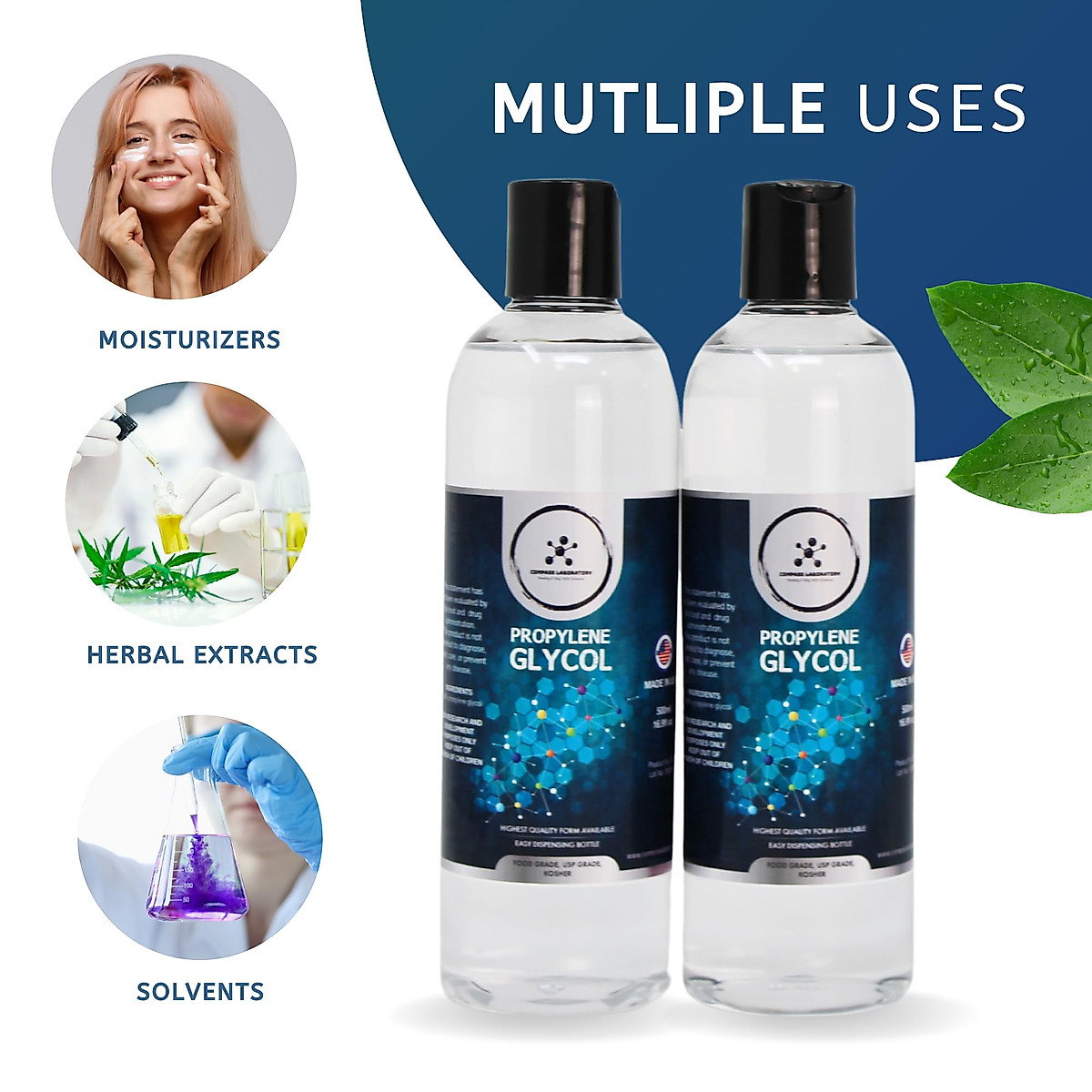 Propylene Glycol 2 Pack, Pure PG Dispensing Bottles, USP Kosher Food Grade PG Liquid for Soaps, Lotions, Moisturizers, Solvents, 500mL by Compass Laboratory