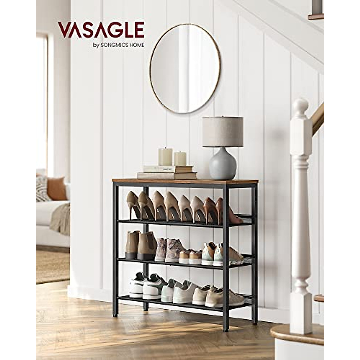 VASAGLE Shoe Rack for Entryway, 4 Tier Shoe Storage Shelves, 12-15 Pairs Shoe Organizer, with Sturdy Wooden Top and Steel Frame, Free Standing, Industrial, Rustic Brown and Black ULBS040B01