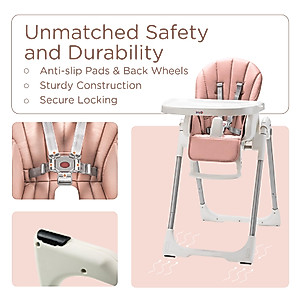 KÜB 3-in-1 Foldable Baby High Chair | 7 Height & 4 Recline Adjustable | Removable Seat & Tray for Easy Clean | 2 Locking Wheels | Multifunctional Infant Highchair for Babies Toddlers Girl (Pink)