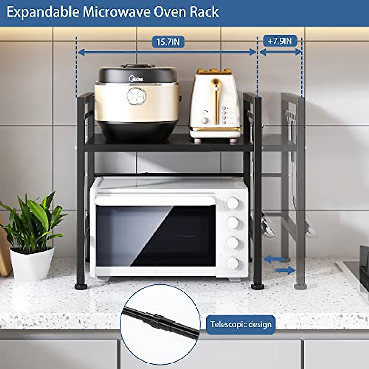 KITCSTI Microwave Oven Rack,Expandable Microwave Shelf for Kitchen Counter,2 Tiers Microwave Stand Countertop Organizer for Kitchen Counter