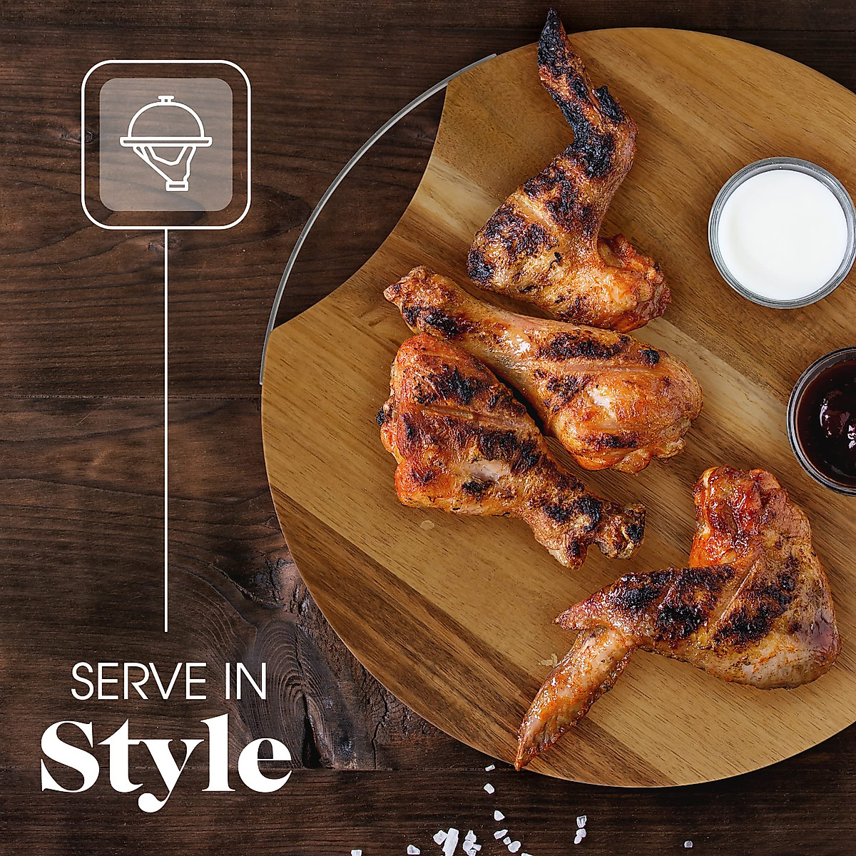 American Atelier Acacia Wood Round Cutting Board with Metal Accent | Serving Board | Large Cheese Board | Charcuterie Board with Handle for Serving Cheeses, Meats, Crackers, and Wine (13”)