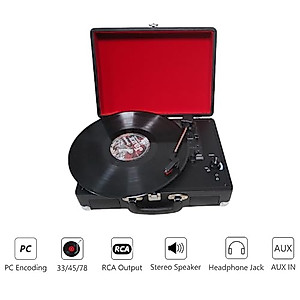 Record Player 3 Speed Portable Suitcase Vinyl Player with Built-in Speakers Turntable Vinyl to MP3 Recording RCA Line Out AUX in Headphone Jack