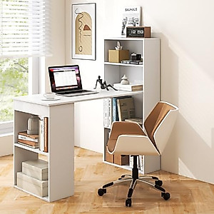 Tangkula White Computer Desk with Bookshelf, Writing Study Desk with Storage Shelves & CPU Stand, Modern Compact Computer Workstation for Home & Office, Space-Saving Design