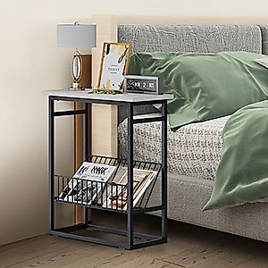 Unglehome End Table, Narrow Nightstand, Skinny Bedside Tables, Small Side Table for Small Spaces with Magazine Holder Rustic Slim Little Thin Table for Living Room, Bedroom, Sofa-Light Grey