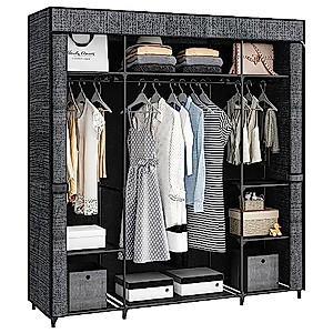 Hzuaneri Closet Wardrobe, 64.5-inch Portable Closet for Bedroom, 3 Clothes Rail Clothes Rail with Fabric Cover, Clothes Storage Organizer, 64.5 x 17.3 x 70 Inches, 9 Compartments, Black WO0203BC