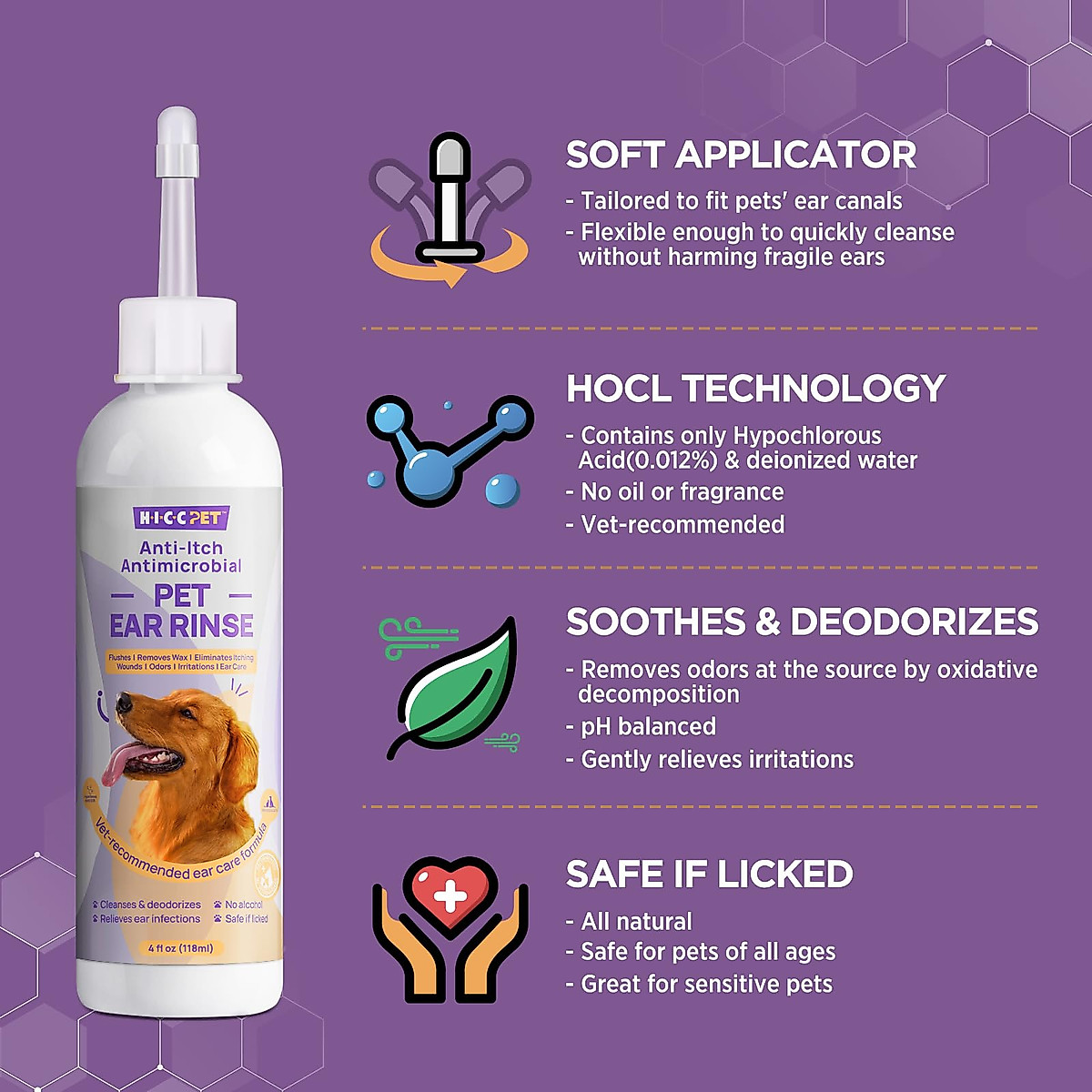 HICC PET Dog Ear Cleaner - Dog Ear Inflammation Therapy with 0.012% Hypochlorous Acid for Itch Relief, Soothe Ear Inflammation, Removes Wax, Odor, with 30 Cotton Swabs, 4 Fl oz