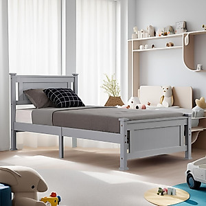 AOCOROE Twin Bed Frame for Boys and Girls, Twin Size Wooden Platform Bed with Vertical Stripe Headboard, Foot Board, Slats Included, No Box Spring Needed, Grey