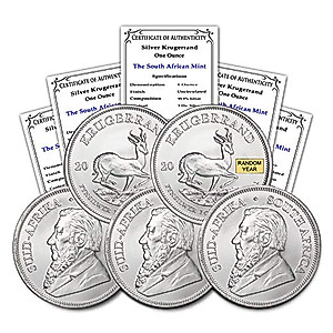 2017 - Present (Random Year) South Africa 1 oz Silver Krugerrand Lot of (5) Coins Brilliant Uncirculated with Certificates of Authenticity 1 Rand (R1) BU