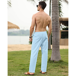 EndoraDore Men's Linen Cotton Pants Slim Fit Joggers Pants Athletic Workout Elastic Trousers Pants Beach Vacation Lightblue