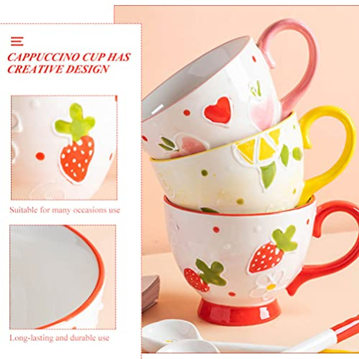 Luxshiny Soup Bowl Soup Bowl Soup Bowl 2pcs Ceramic Milk Mugs with Spoon Strawberry Breakfast Cup Mugs Coffee Cup Oatmeal Mugs For Latte Cappuccino Tea Cocoa Birthday Gifts Soup Mug Soup Mug Soup Mug