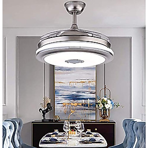 Fandian 42'' Modern Smart Ceiling Fans with Light,Bluetooth Speaker Music Player Chandelier, 3 Colors 3 Speeds Retractable Blades with Remote Control, Silent Motor with LED Kits (42in-Silver1)