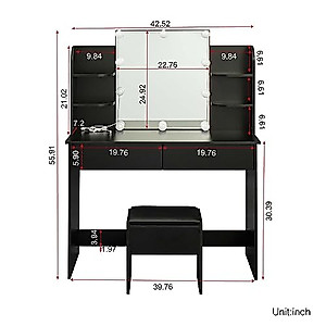 DUNTRKDU Modern Large Vanity Table Set with Lighted Mirror& 10 Lights Bulbs, Makeup Table with 2 Drawers & Cushioned Stool, Storage Shelves, Dressing Table for Bedroom