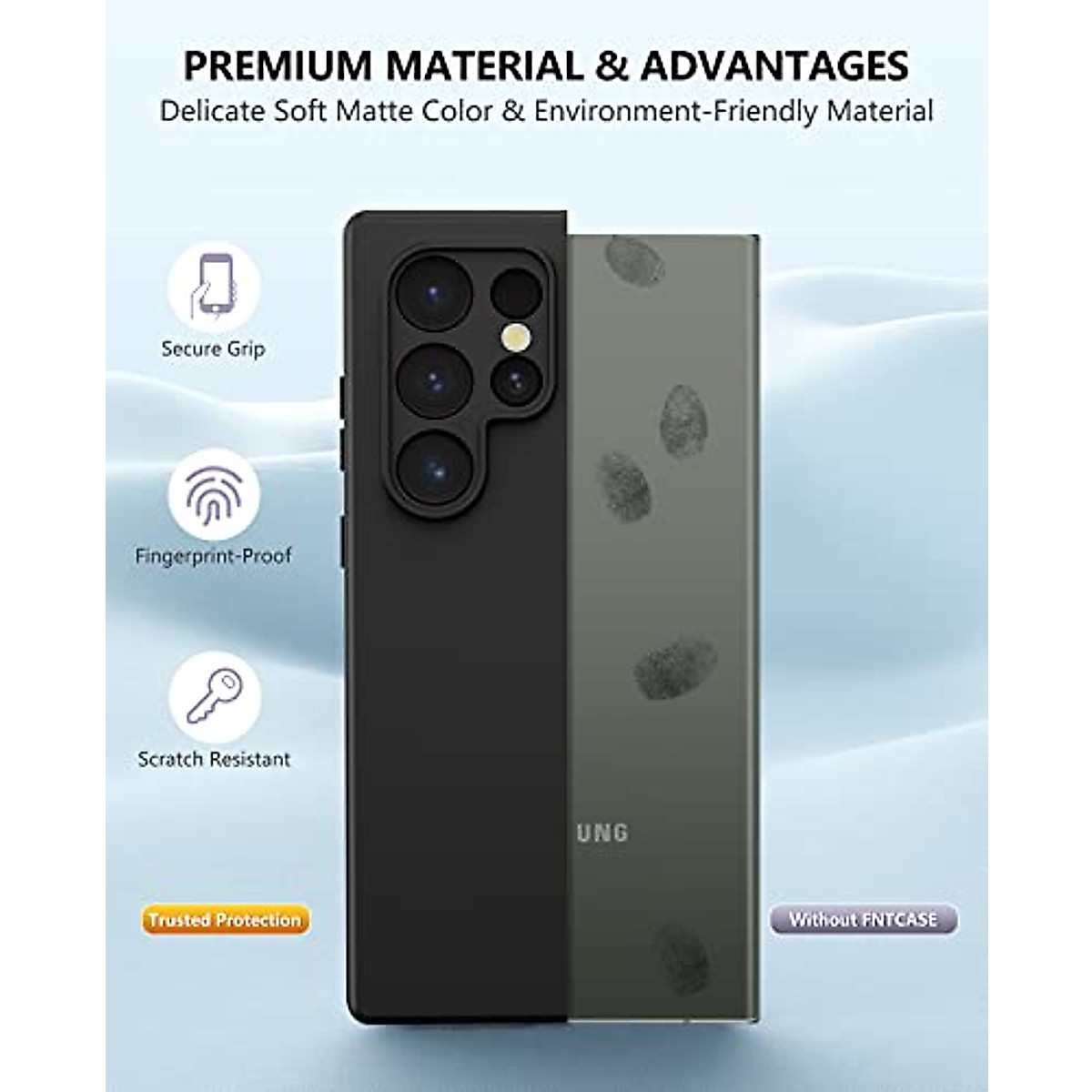 FNTCASE for Samsung Galaxy S23-Ultra Case: Slim Protective Shockproof Silicone Cell Phone Cases - Matte Rubber Dual Layer Cell Phone Cover Hard Bumper (Black)