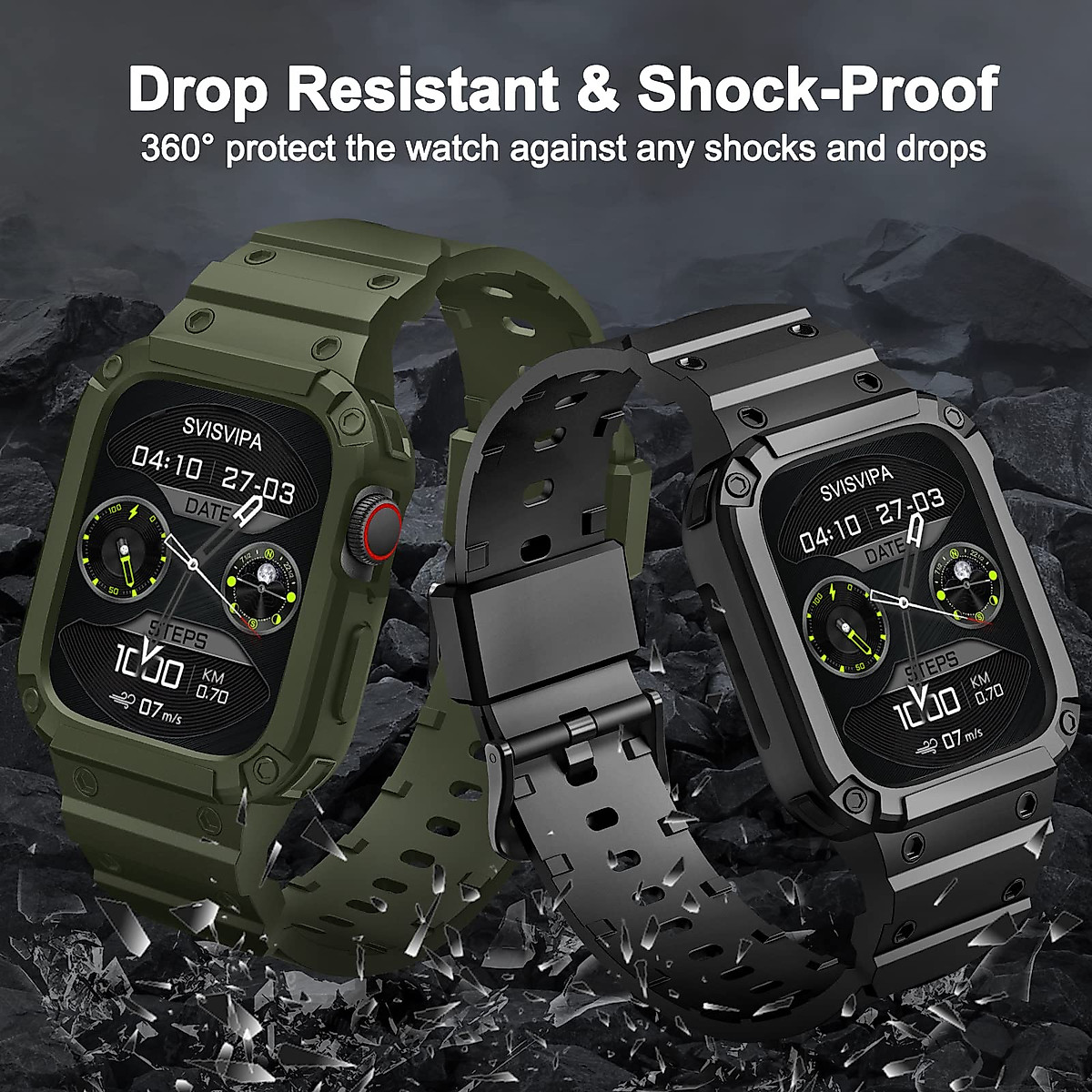 SVISVIPA [2 Pk] Band w/Bumper Case Compt. for Apple Watch 45 44 42mm iWatch Series 8 7 6 5 SE 4 3 2 1 SE Strap, Unisex Sport Rugged Shockproof Military Protective Replacement band,(Black,Army Green)