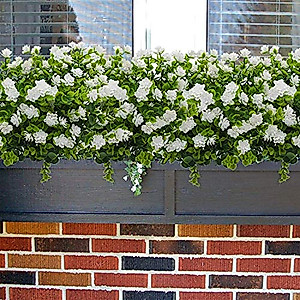 IJIANG 6Pcs Artificial Flowers Outdoor Fake Flowers for Decoration UV Resistant Faux Plastic Greenery Shrubs Plants Home Garden Porch Window Box Decor (White)