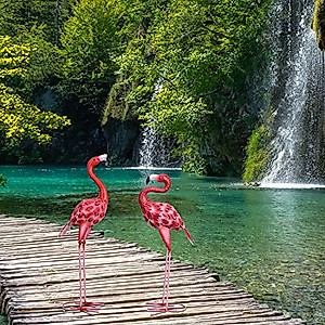 SUNREEK Flamingo Garden Statues and Sculptures, 2 Pcs Metal Large Red Flamingo Birds Yard Art Outdoor Statue for Home Patio Lawn Backyard Décor (Hot Pink)
