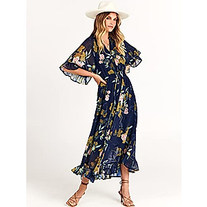 ANRABESS Women's Summer Ruffle Maxi Dress Floral Print 3/4 Bell Sleeve V Neck High Waist Flowy Boho Long Dress 746fenchahua-L