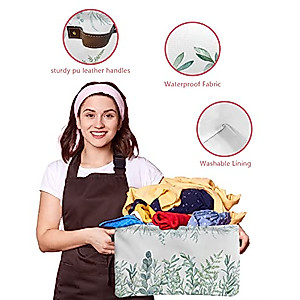 ARTtikke Storage Bins Clothes Organizer Sage Green Blue Leaves Spring Storage Cubes Bin with Handles,Foldable Storage Boxes for Closet,Storage Basket for Organizing Shelves 15x11x9.5 inch