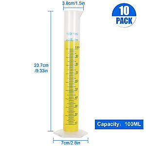 10Pack 100ml Plastic Graduated Cylinder, Transparent Measuring Cylinder Lab Test Tube Flask, 2 Sided Measuring Lines Graduated Cylinder Beaker for Science Lab Project, Pour Spout & Hexagonal Base