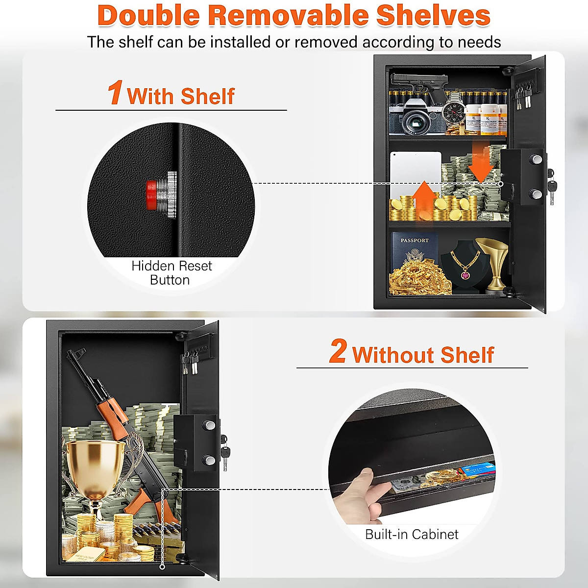 25.6" Tall Fireproof Wall Safes Between the Studs 16" Centers, Hidden Wall Safe with 2 Removable Shelf & Hidden Tray, Heavy Duty Wall Mount Safe for Firearms, Money, Jewelry, Passport Black