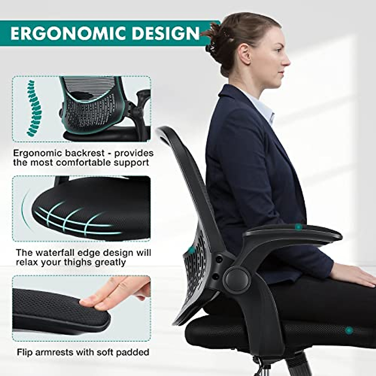 OLIXIS Wheels, Ergonomic Home Office Flip-up Arms and Lumbar Support, Mesh Swivel Rolling Height Adjustable, Tilt and Lock, Computer Desk Chair, Black