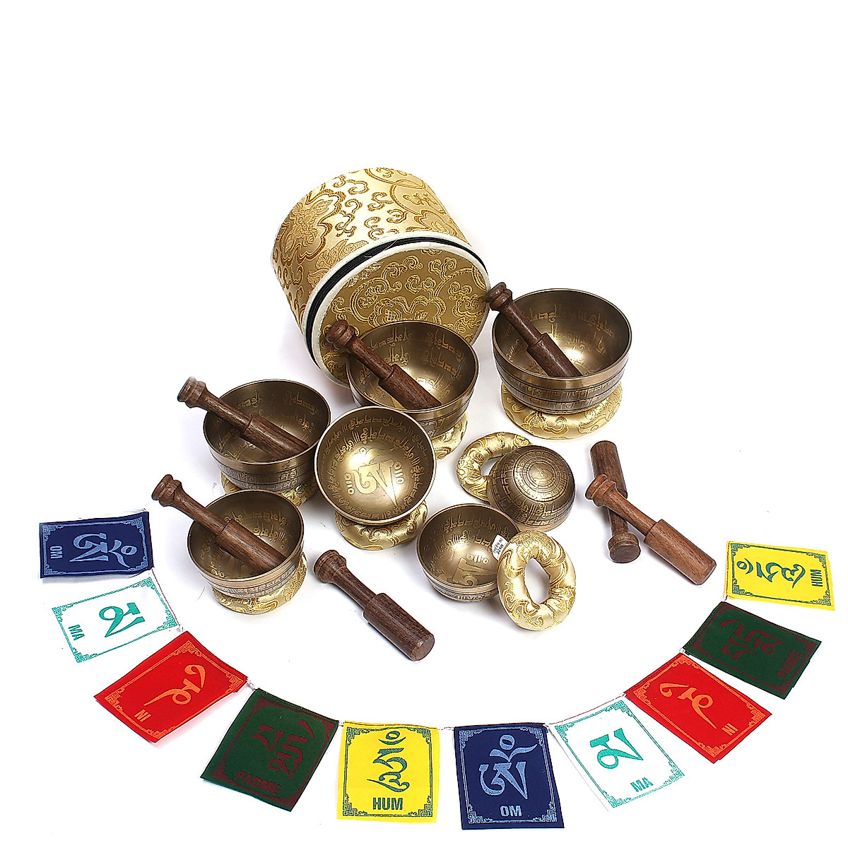 ESK GROUP Tibetan Singing Bowl Set of 7, 3”- 5.2” Om Mane Padme Hum Singing Bowl, Himalayan Singing Bowl, Handmade, w/ silk cushions, 7 sticks, Flag and Silk Brocade Box, ESK-06