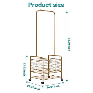 lonmtos Rolling Laundry Cart，Laundry Basket With Wheels And Hanging Rack，Laundry Cart On Wheels，Laundry Cart With Wheels And Hanging Rack，Laundry Organizer With Hanging Rack（Gold）