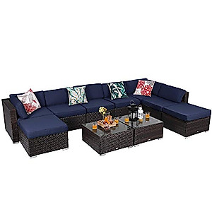PHI VILLA Outdoor Furniture Set Wicker Patio Sectional Sofa with Tea Table and Ottoman (10 Piece, Blue)