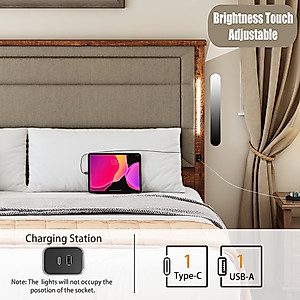 SAMTRA Wooden King Size Bed Frame with Upholstered Tall Headboard, Farmhouse Platform Bedframe with Led Lights & Charging Station, Sturdy Wood Slat Supports, Easy Assembly (Classic Brown)