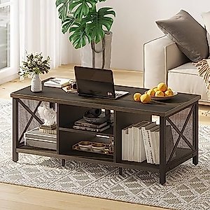 FATORRI Rustic Coffee Table for Living Room, Farmhouse Dark Wood Center Table, Industrial Rectangle Cocktail Tea Tables (Walnut Brown)
