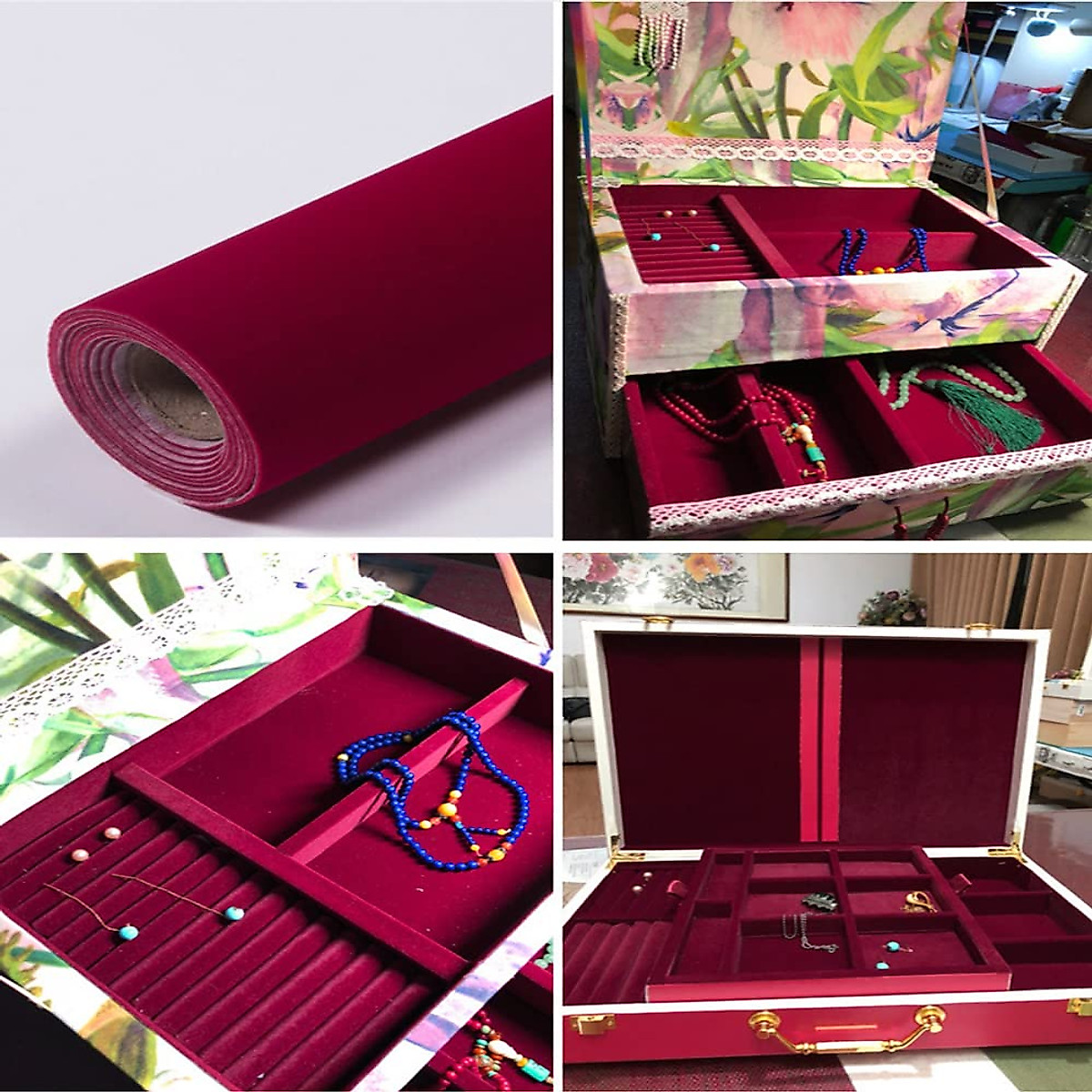 Self Adhesive Velvet Fabric StickyFelt Sheets ，Jewelry， Drawer Liners Craft Fabric Peel and Stick Paper 17.78 x 199.78 cm(Red)