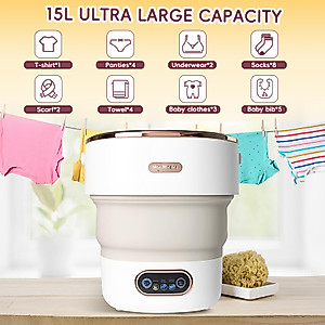 Portable Washing Machine 15L, Mini Washer with 4 Modes and Spin Basket, Large Capacity Laundry Washer Deep Cleaning for Underwear,Baby Clothes, Foldable Washing Machine for Apartments,Camping,Travel