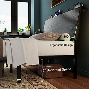 Einhomn Queen Size Metal Bed Frame with LED Lights & Charging Station, Ergonomic Platform Bed with Wooden Storage Headboard, Heavy-Duty Metal Base, 12" UnderBed Storage, No Box Spring Needed, Black