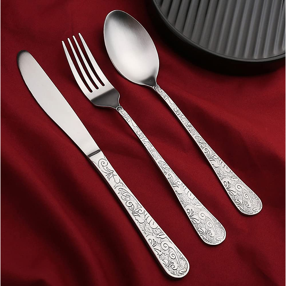 Matte Silverware Set for 8 Premium Stainless Steel Flatware Set Delicate Engraved Floral Decoration 40 Piece Include Knives Forks and Spoons Cutlery Utensils Set for Home Kitchen Party
