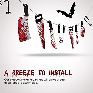 Boxgear 4-Pack Bloody Garland Banner - Fake Knives with Fake Blood Banner Halloween Decorations Outdoor - Includes Butcher Knife, Saw, Scissors, Weapons - Scary Halloween Party Decorations Supplies